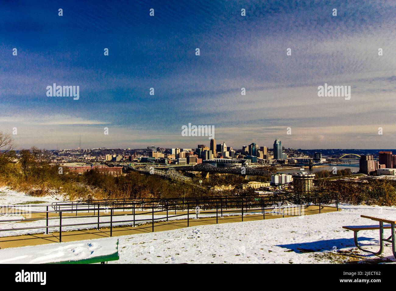 Cincinnati, Ohio seen after a light snow from Devou Park, Kentucky ...