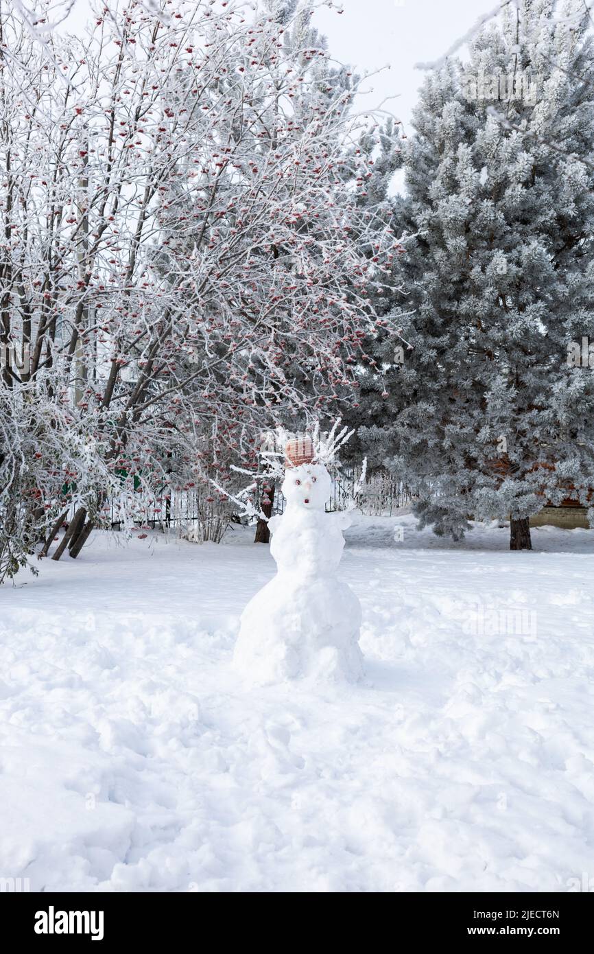Snowman with surprised facial expression hand made with branches ...