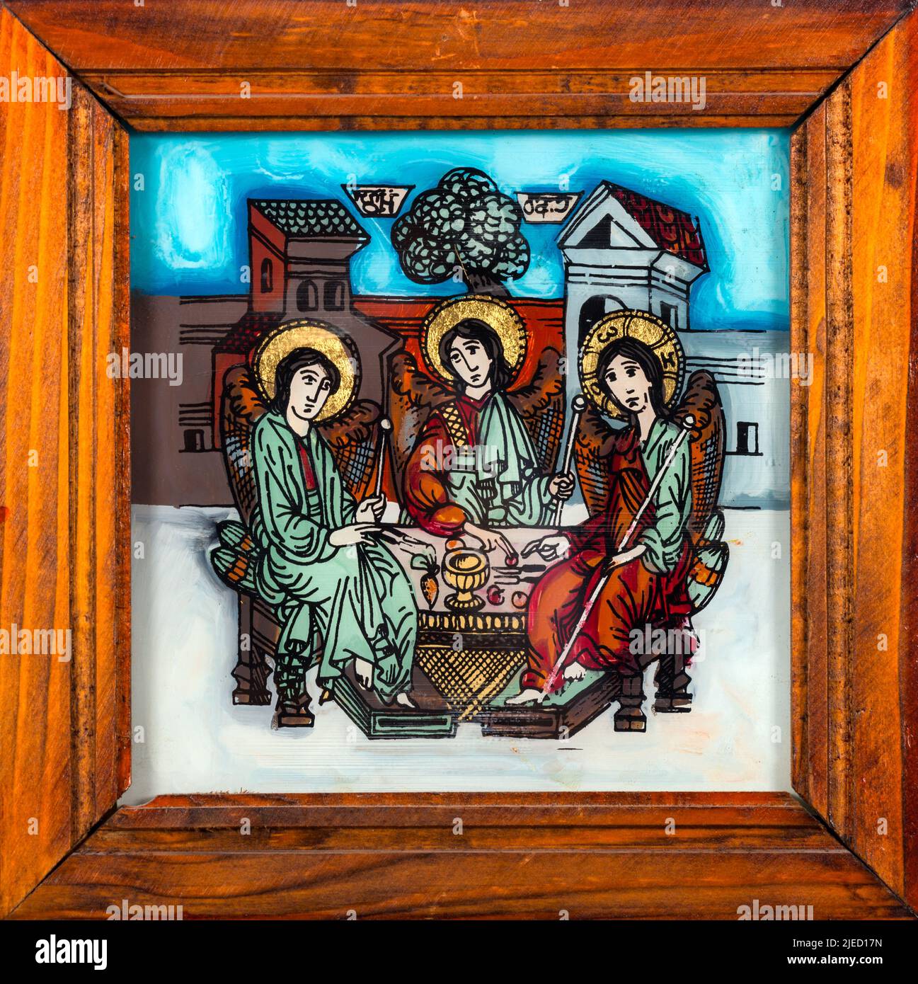Icon painted on reverse glass in the naive orthodox style of Eastern ...