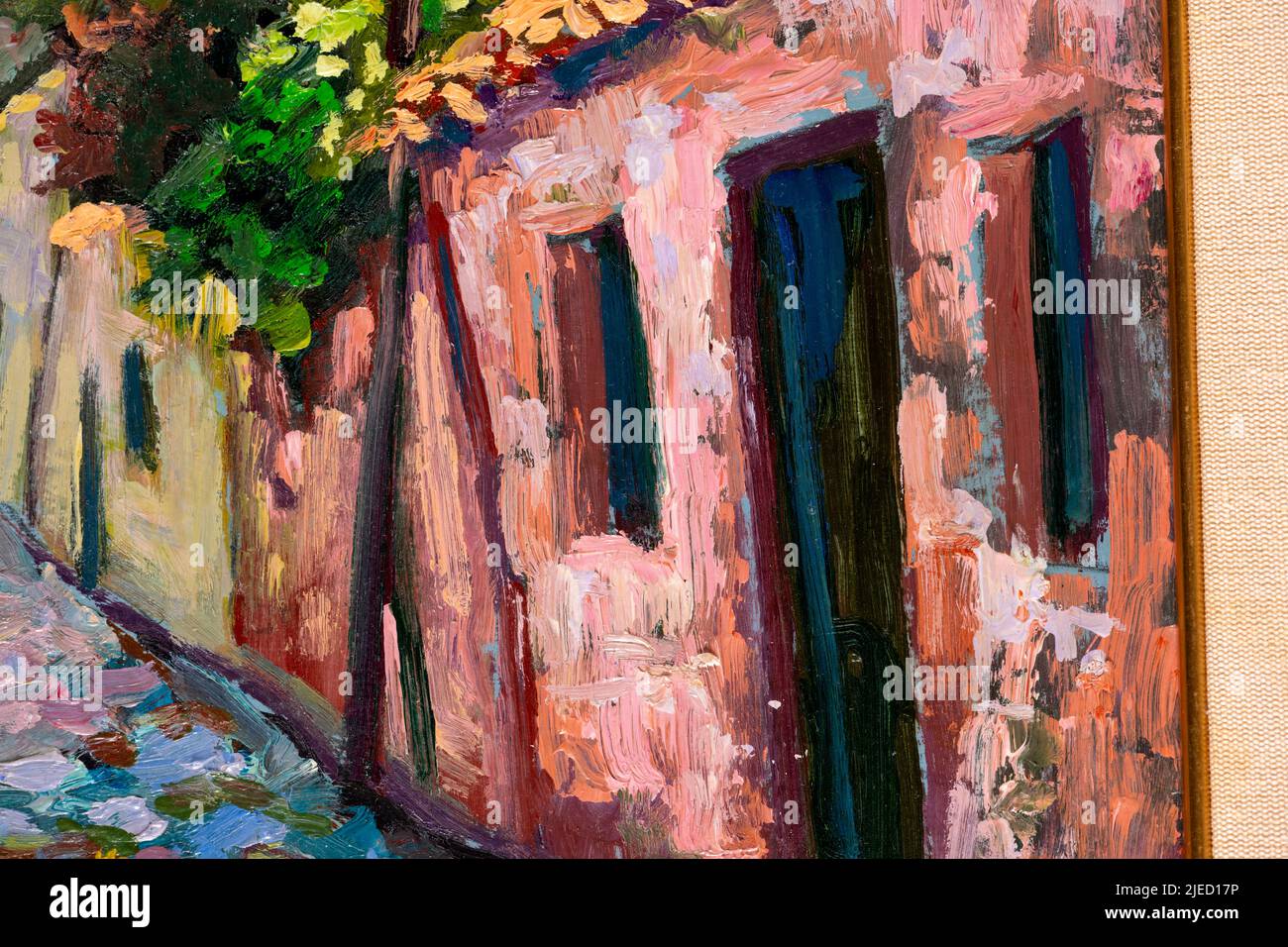 Close-up of intage oil painting depicting an picturesque alleyway with ...