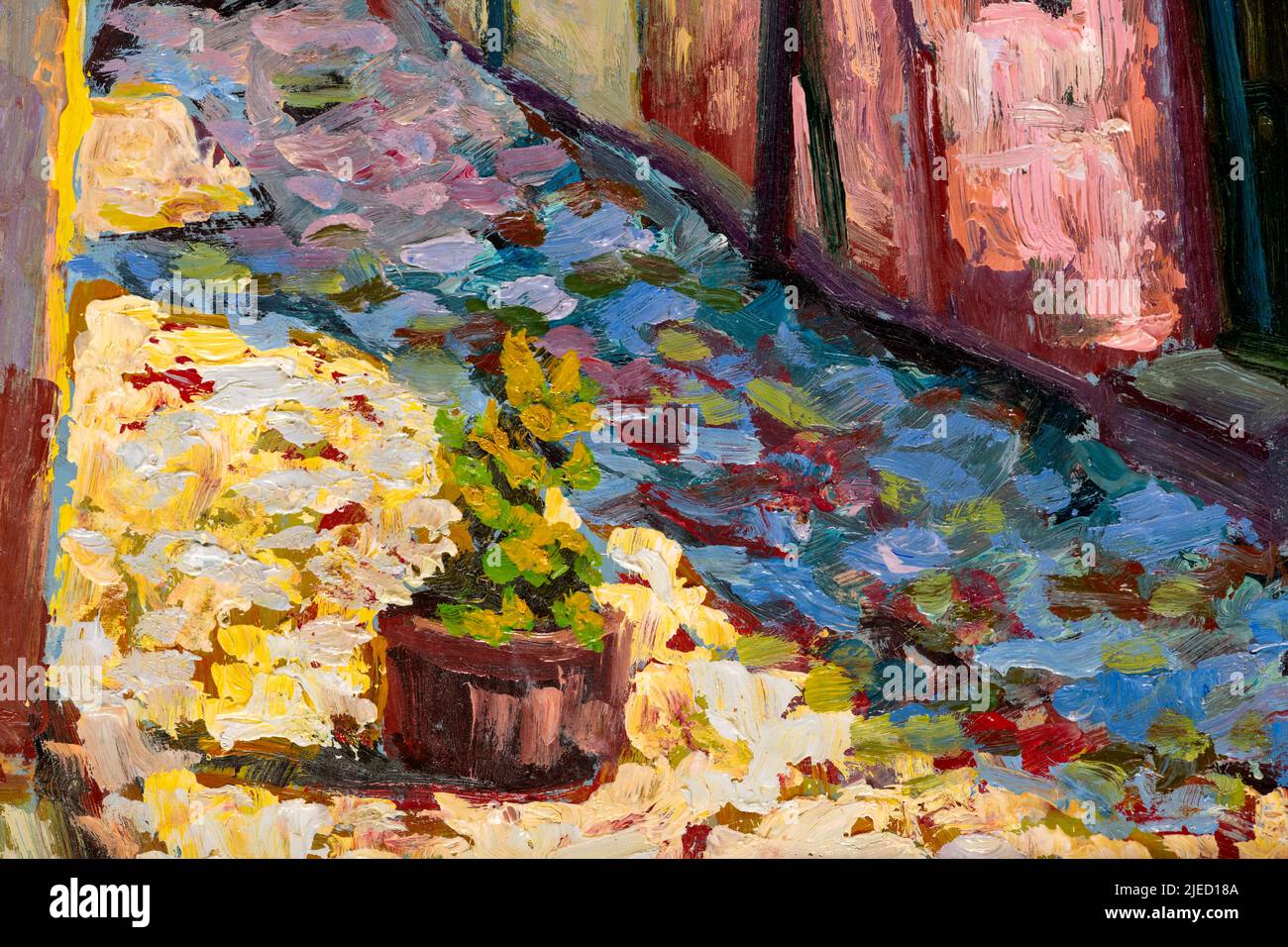 Close-up of intage oil painting depicting an picturesque alleyway with ...