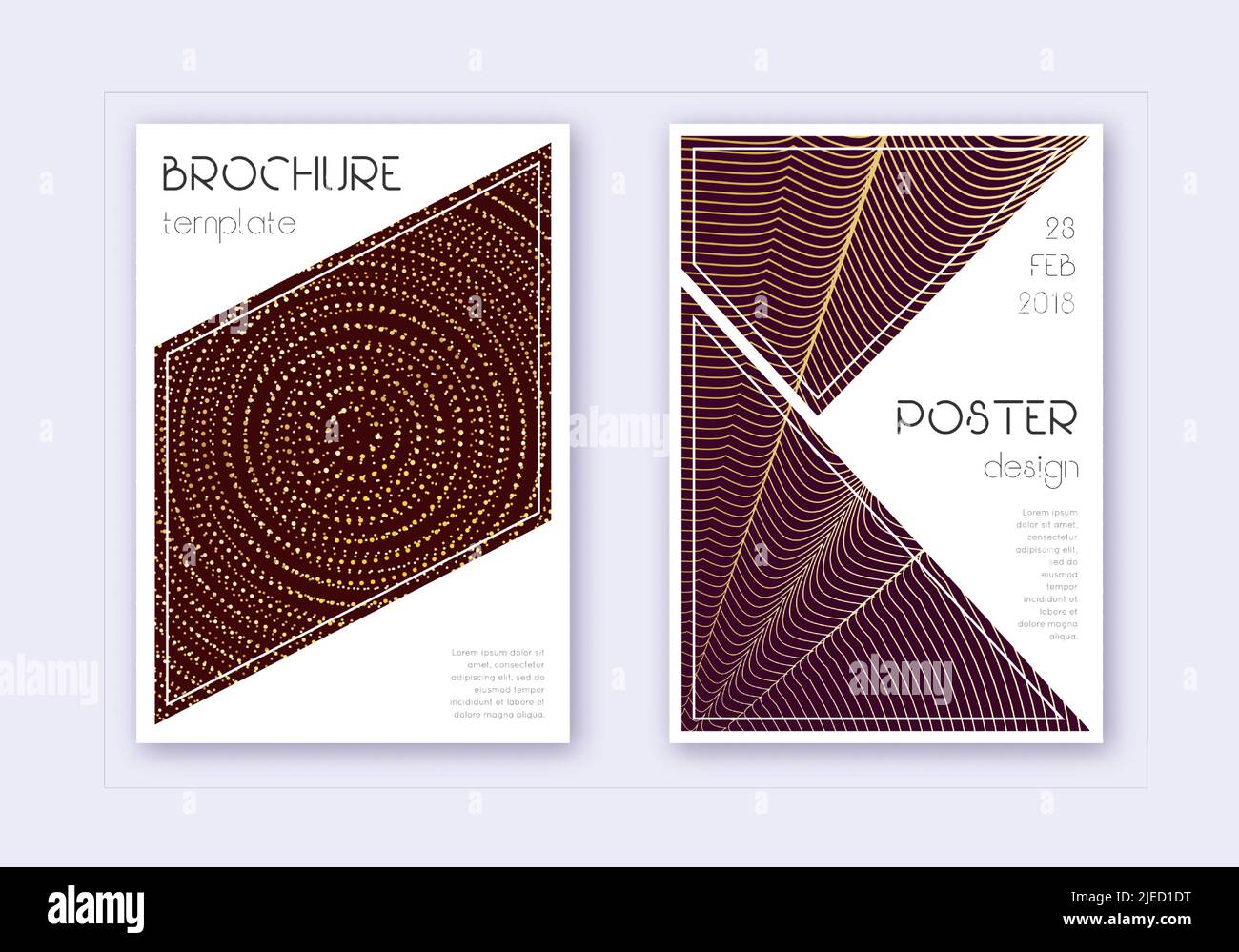 Triangle cover design template set. Gold abstract lines on maroon ...
