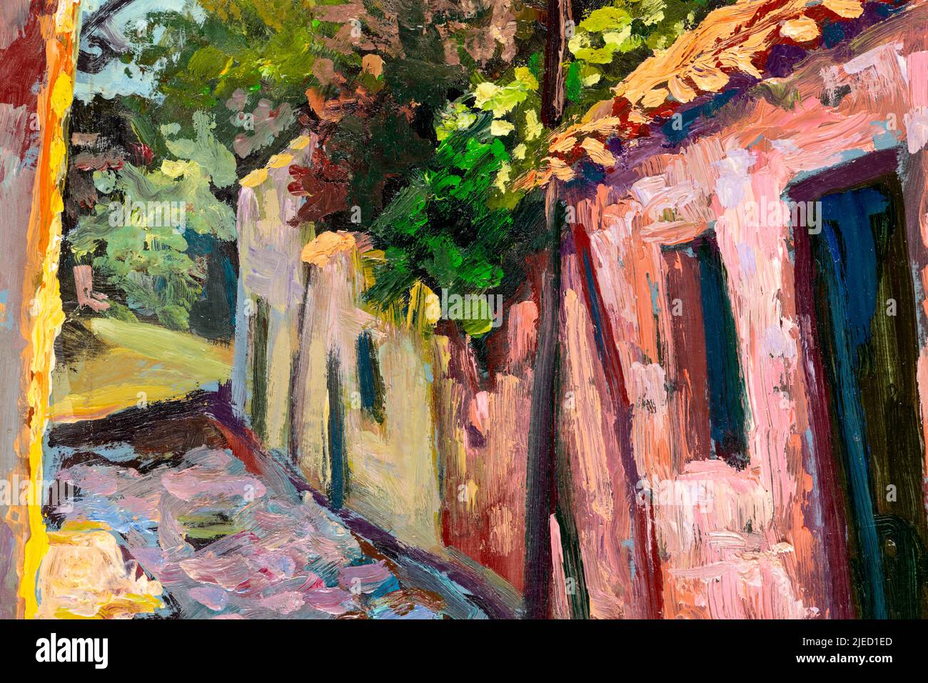 Close-up of intage oil painting depicting an picturesque alleyway with ...