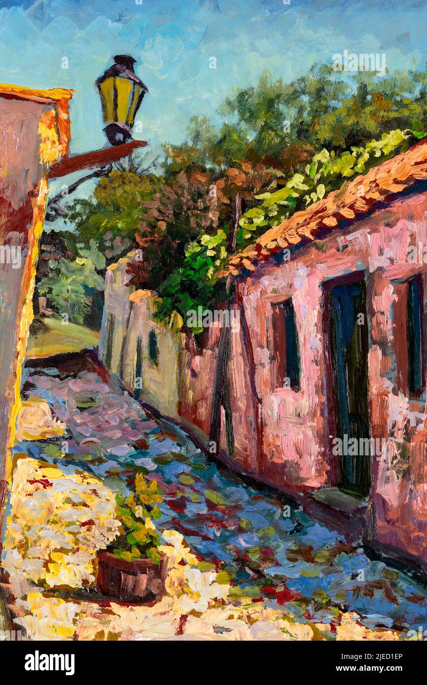 Vintage oil painting depicting an picturesque alleyway with a street ...