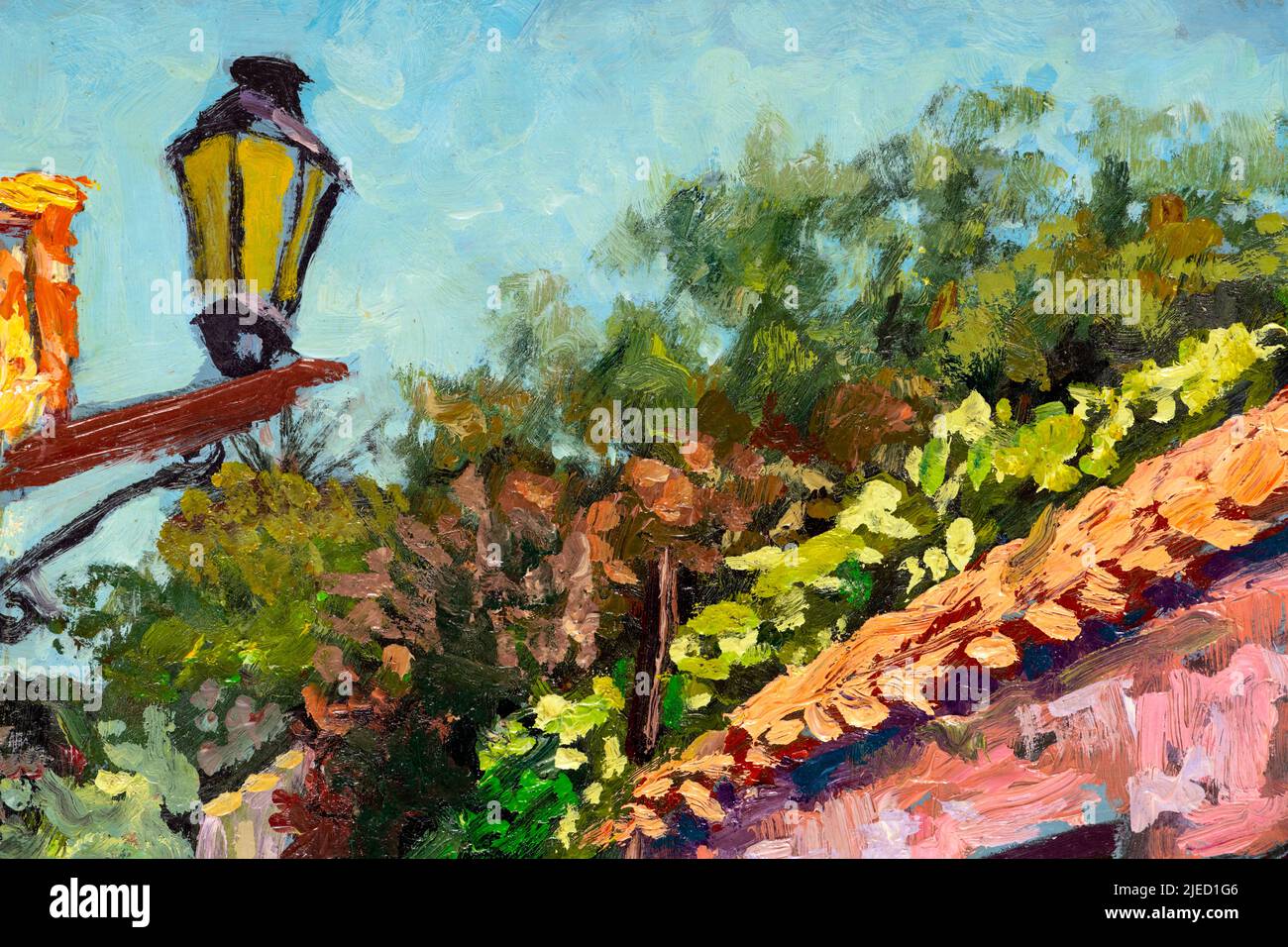 Close-up of intage oil painting depicting an picturesque alleyway with ...