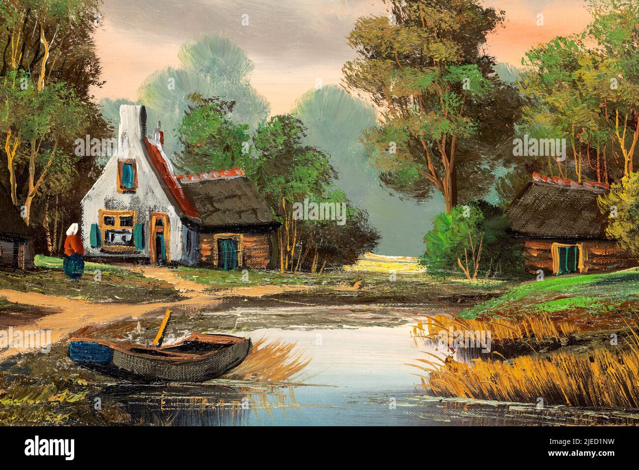 Close-up of vintage oil painting depicting idyllic cottages and log ...