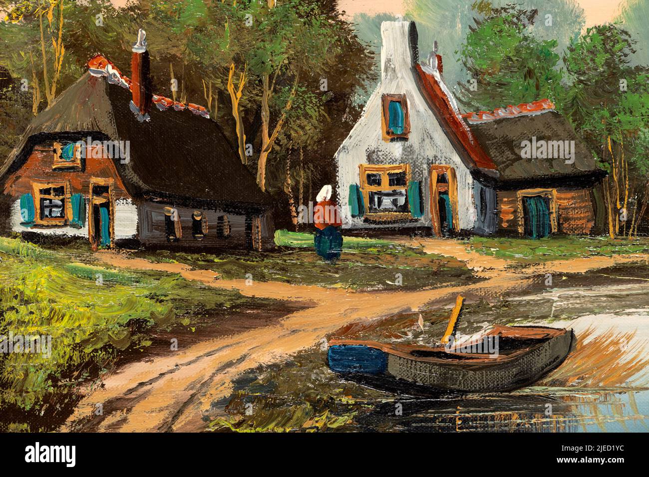 Close-up of vintage oil painting depicting idyllic cottages and log ...