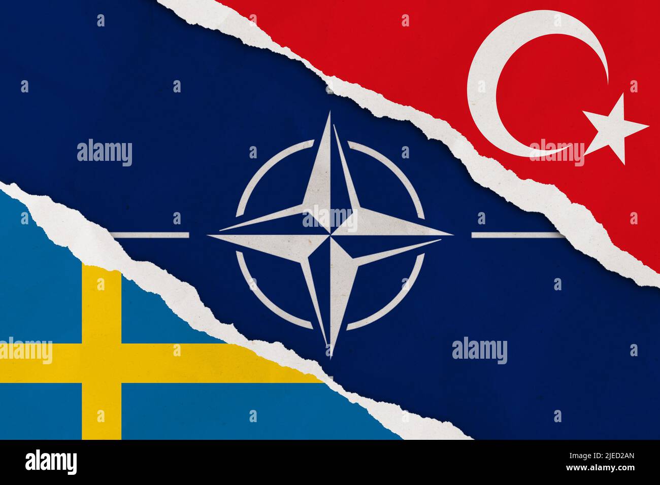 NATO, Turkey and Sweden flag ripped paper grunge background. Abstract ...