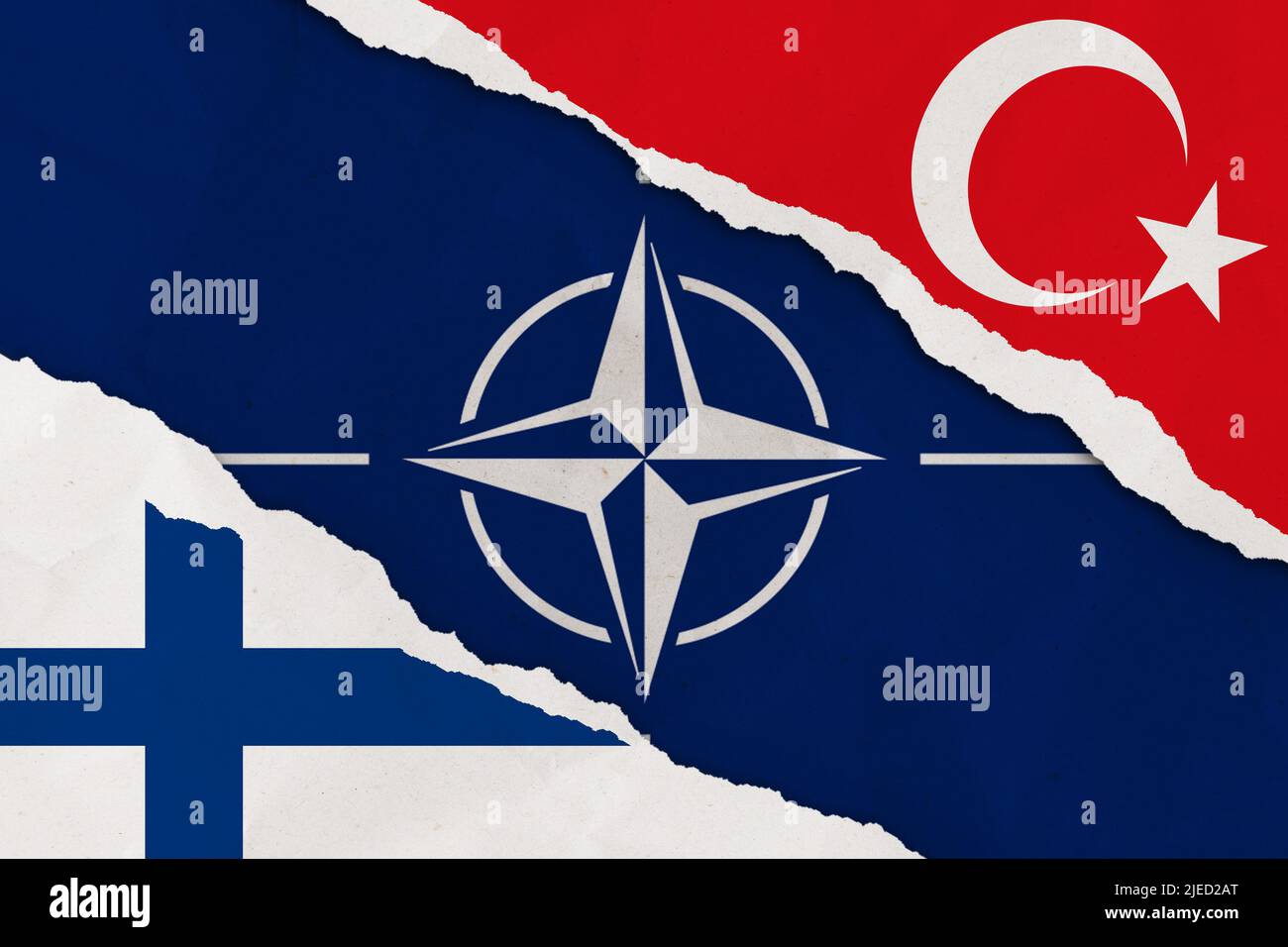 NATO, Turkey and Finland flag ripped paper grunge background. Abstract ...