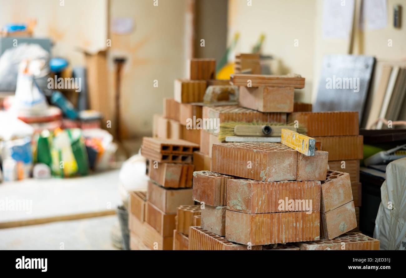 Construction materials inside the building under construction Stock ...