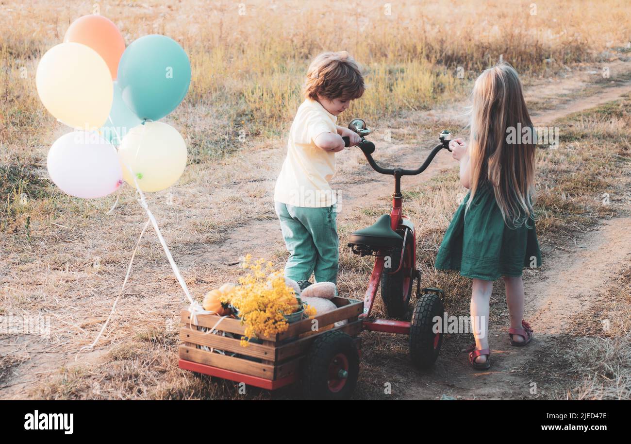 Back view of sister and brother working in field. Summer at countryside ...