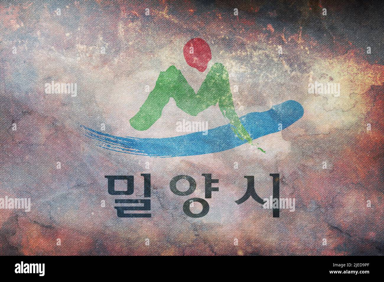 Top view of retro flag Miryang city, South Korea with grunge texture ...