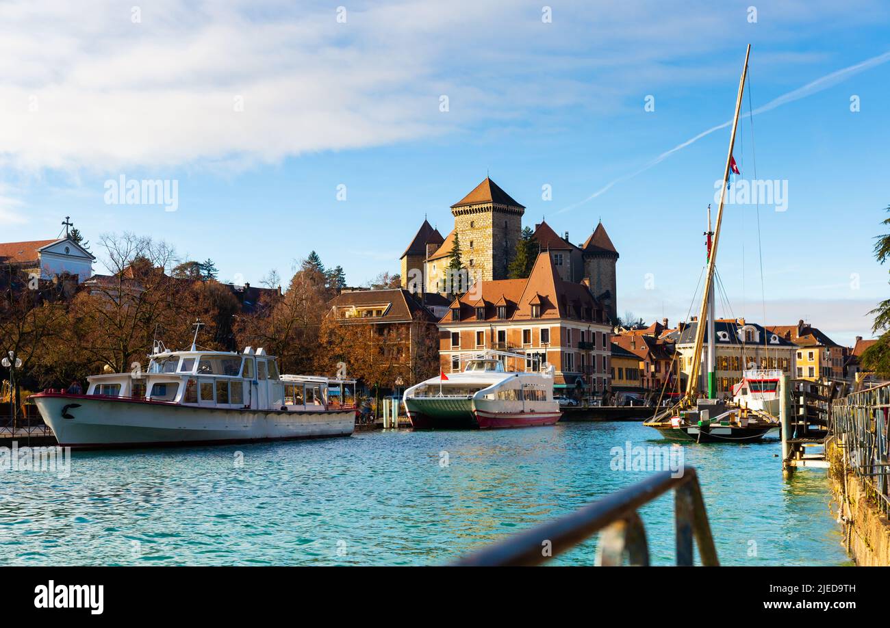 Annecy old town cityscape and Thiou river view and bridge Stock Photo ...
