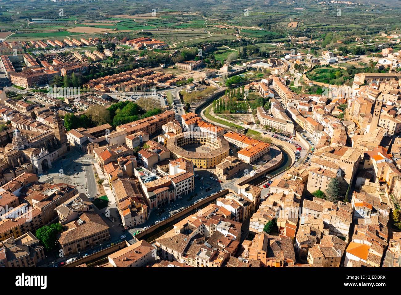 Drone view of Tarazona with ancient bullfight arena and medieval ...
