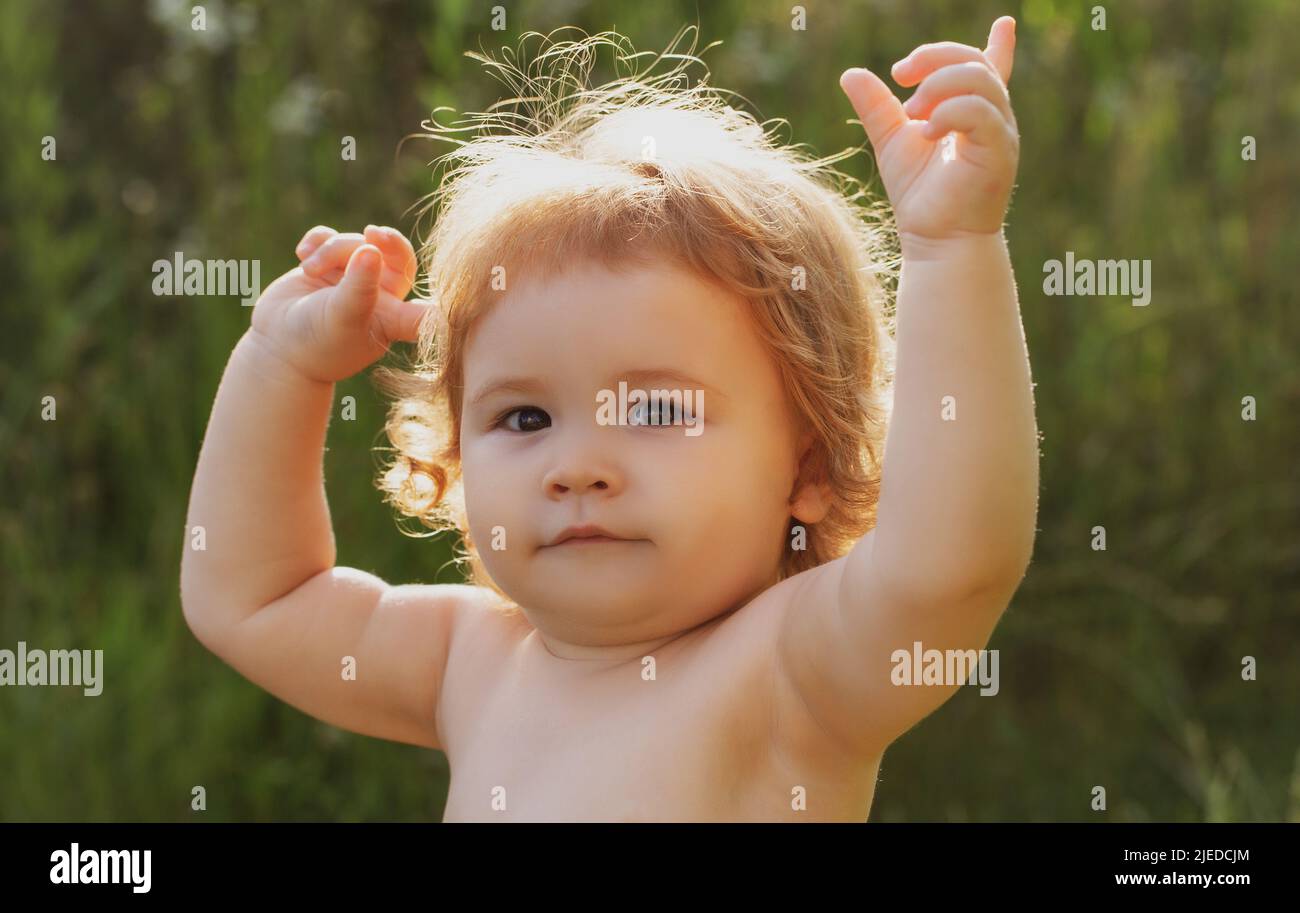 Close up head shot of child. Kids face, little Baby boy portrait in ...
