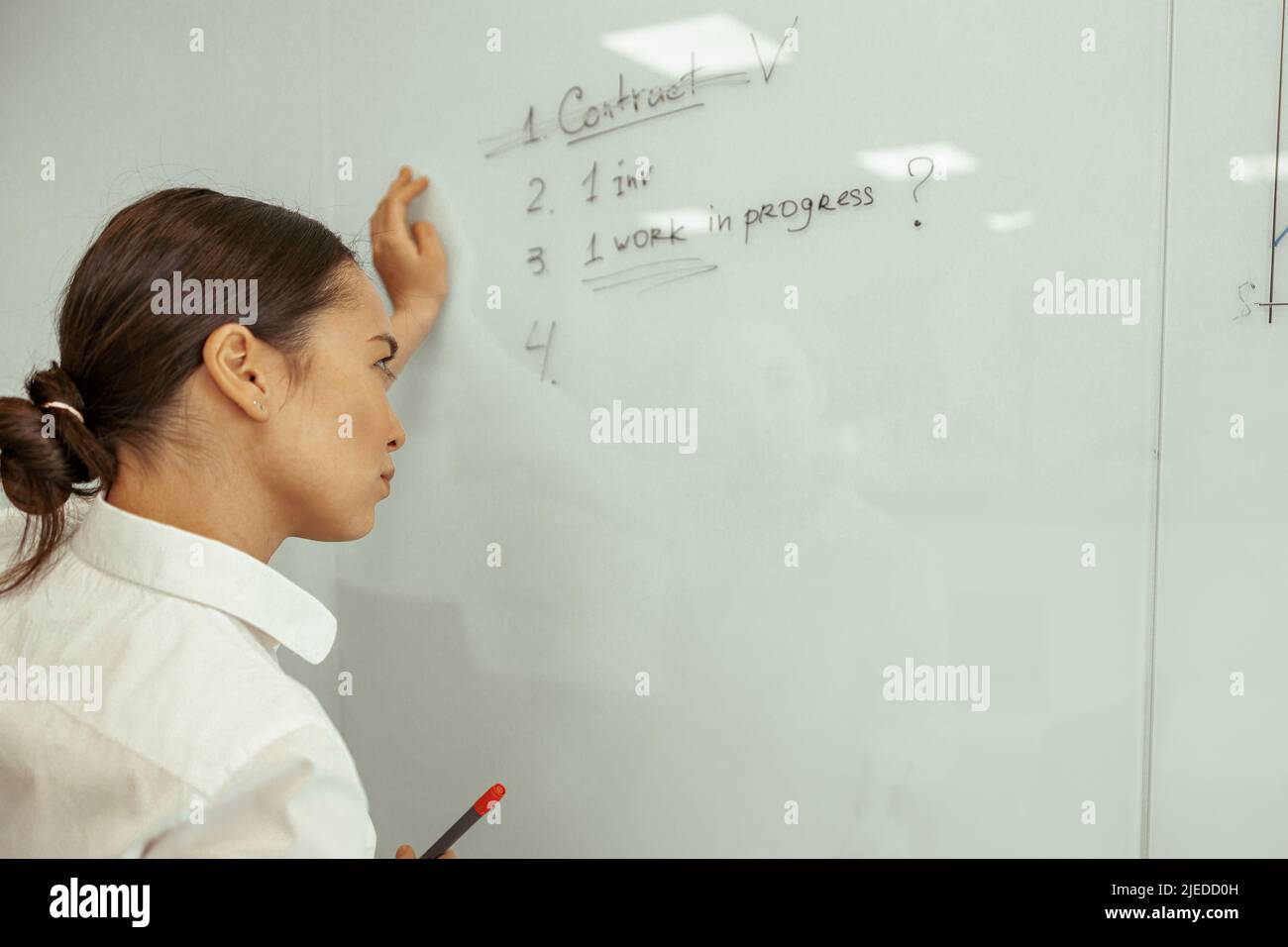Focused asian business woman work on project planning flipboard Stock ...