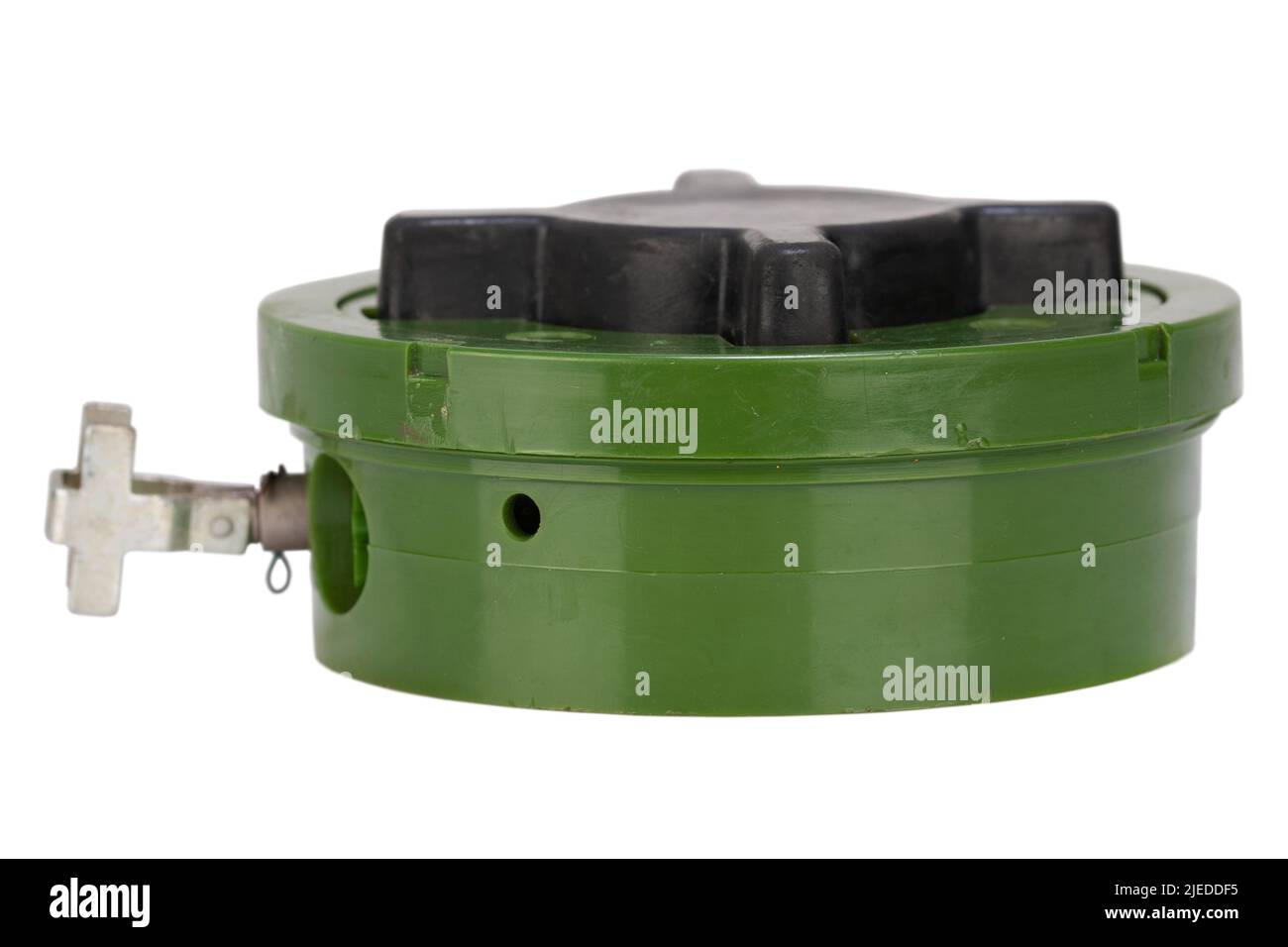 PMN-2 soviet, plastic bodied anti-personnel landmine. Isolated on white ...