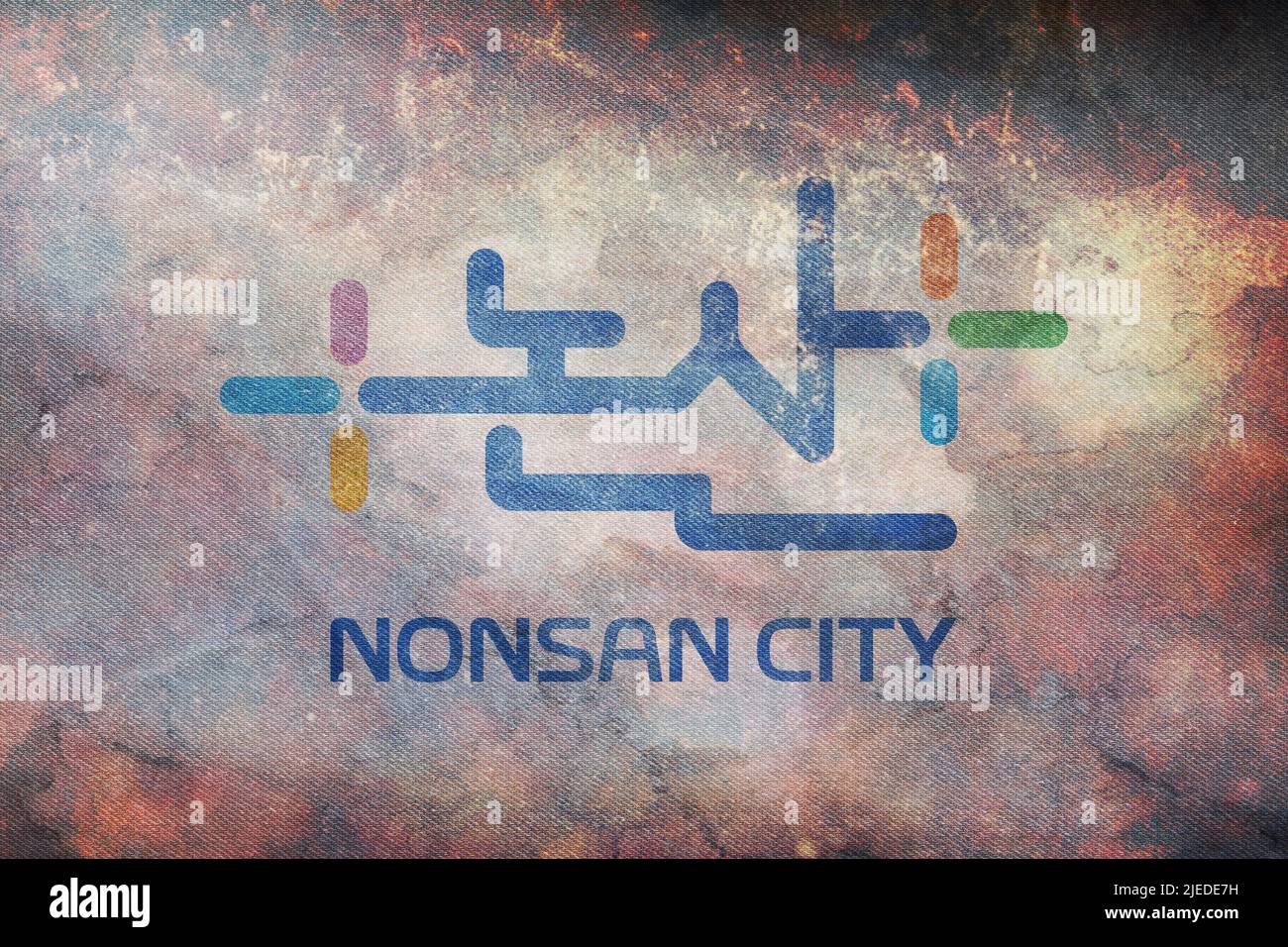 Top view of retro flag Nonsan city, South Korea with grunge texture ...