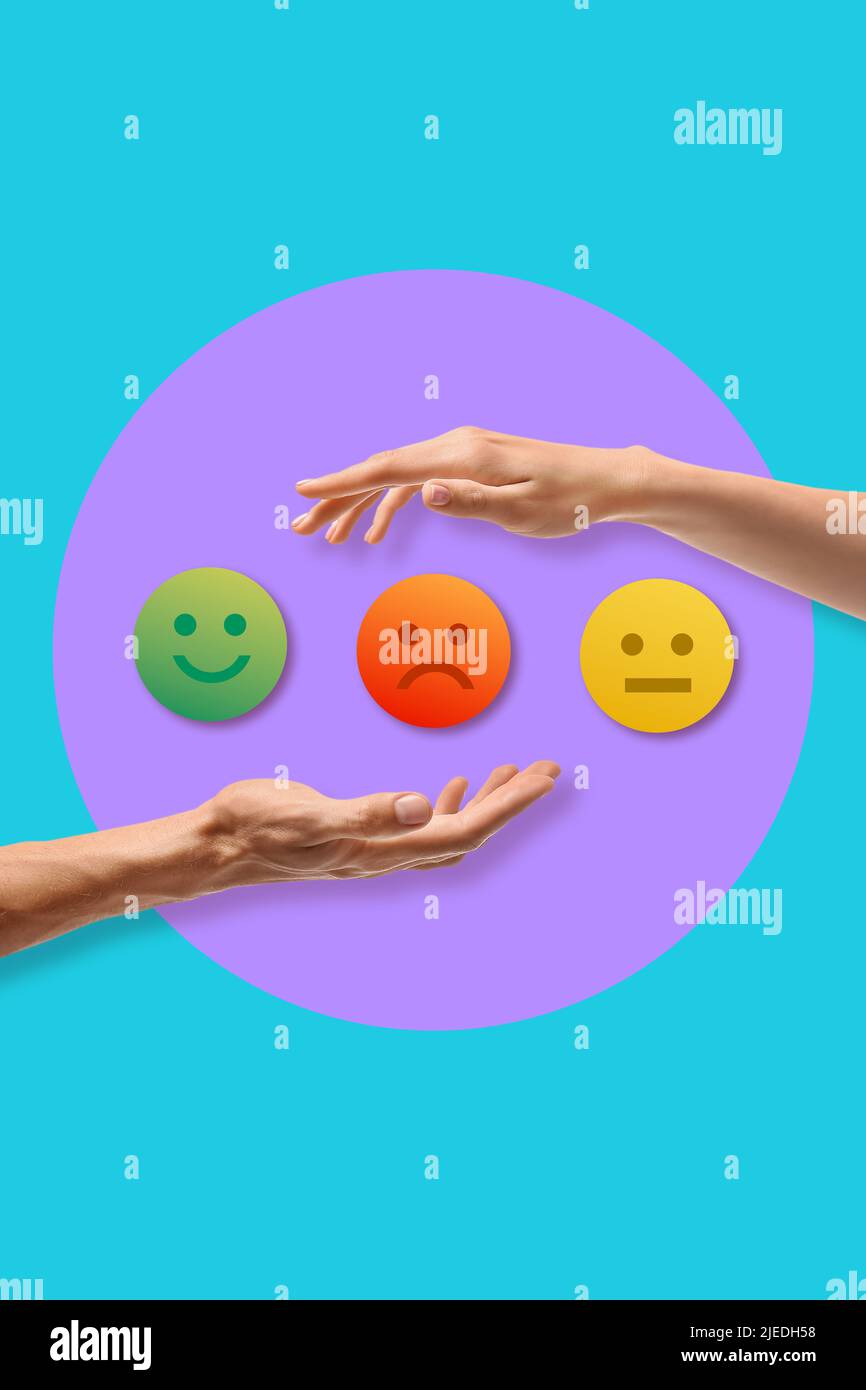 Human hands and different emoticons on color background Stock Photo - Alamy