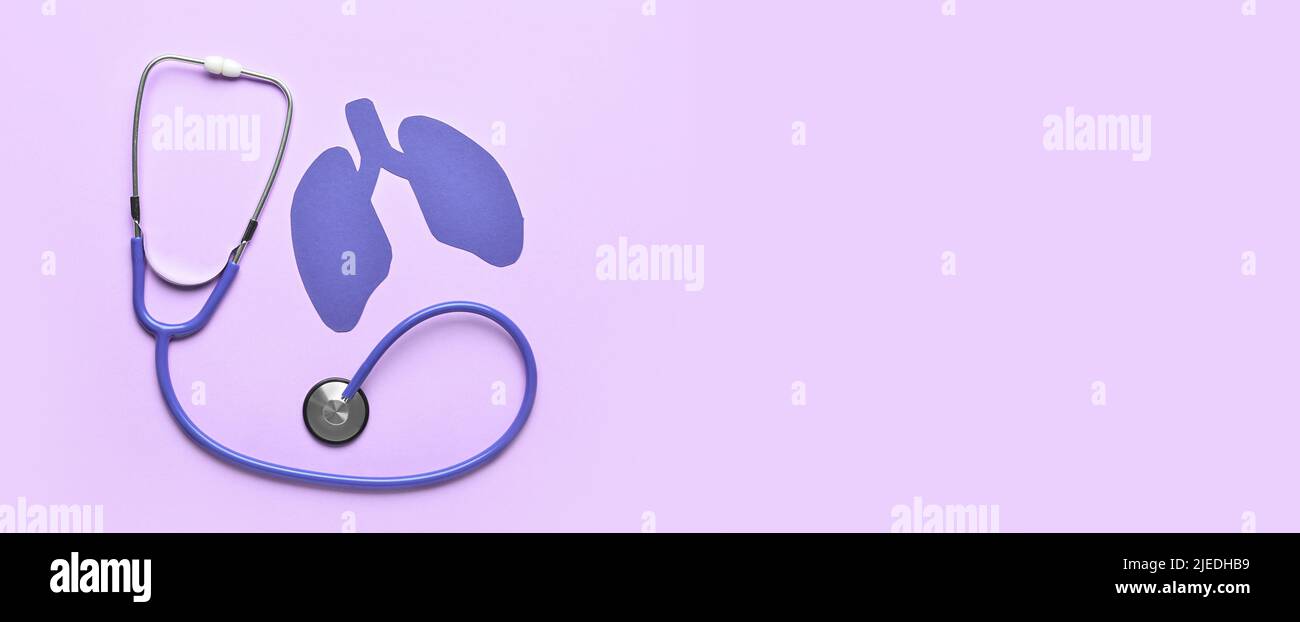 Paper lungs and stethoscope on lilac background with space for text ...