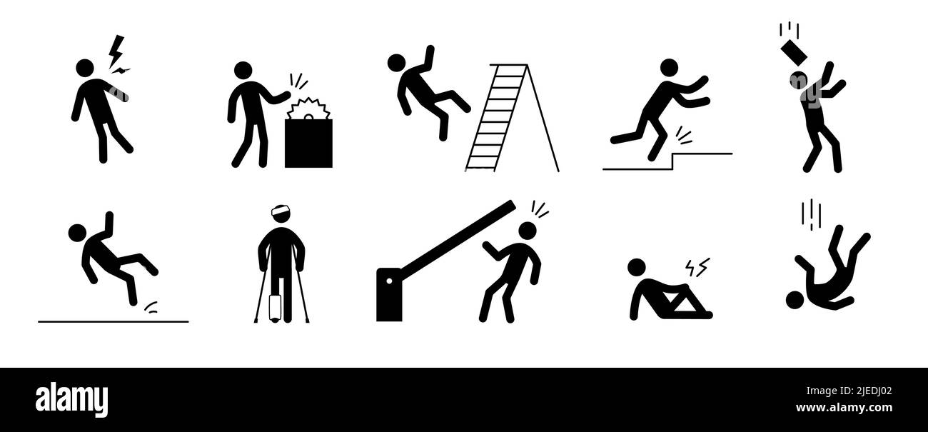Accident pictogram man icon. Work safety, injury caution, hazard ...