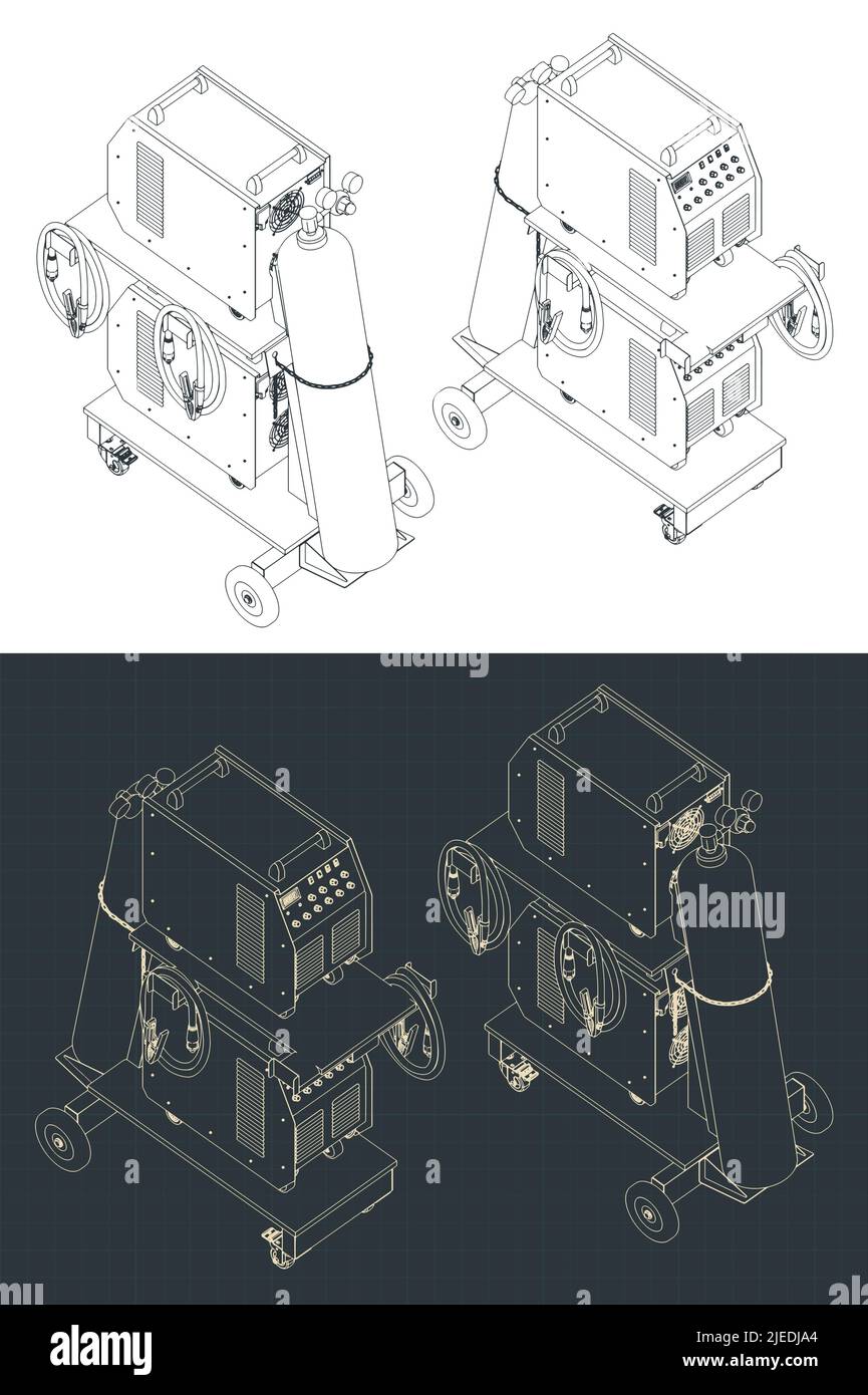Stylized vector illustrations of isometric drawings of welding machines ...