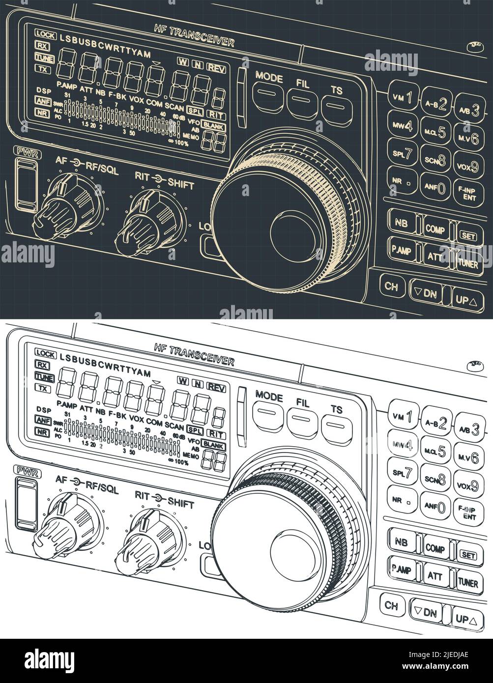 Stylized vector illustrations of drawings of HF transceiver Stock ...