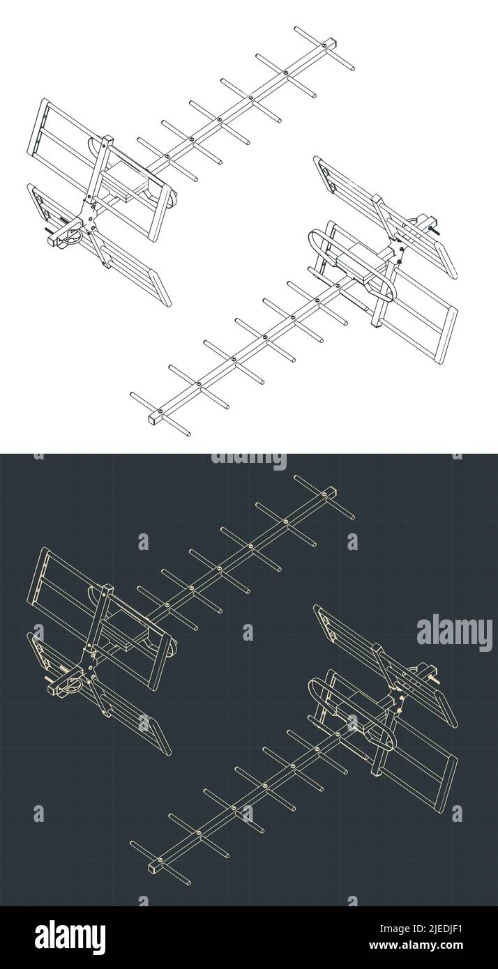 Stylized vector illustrations of isometric blueprints of TV antenna ...