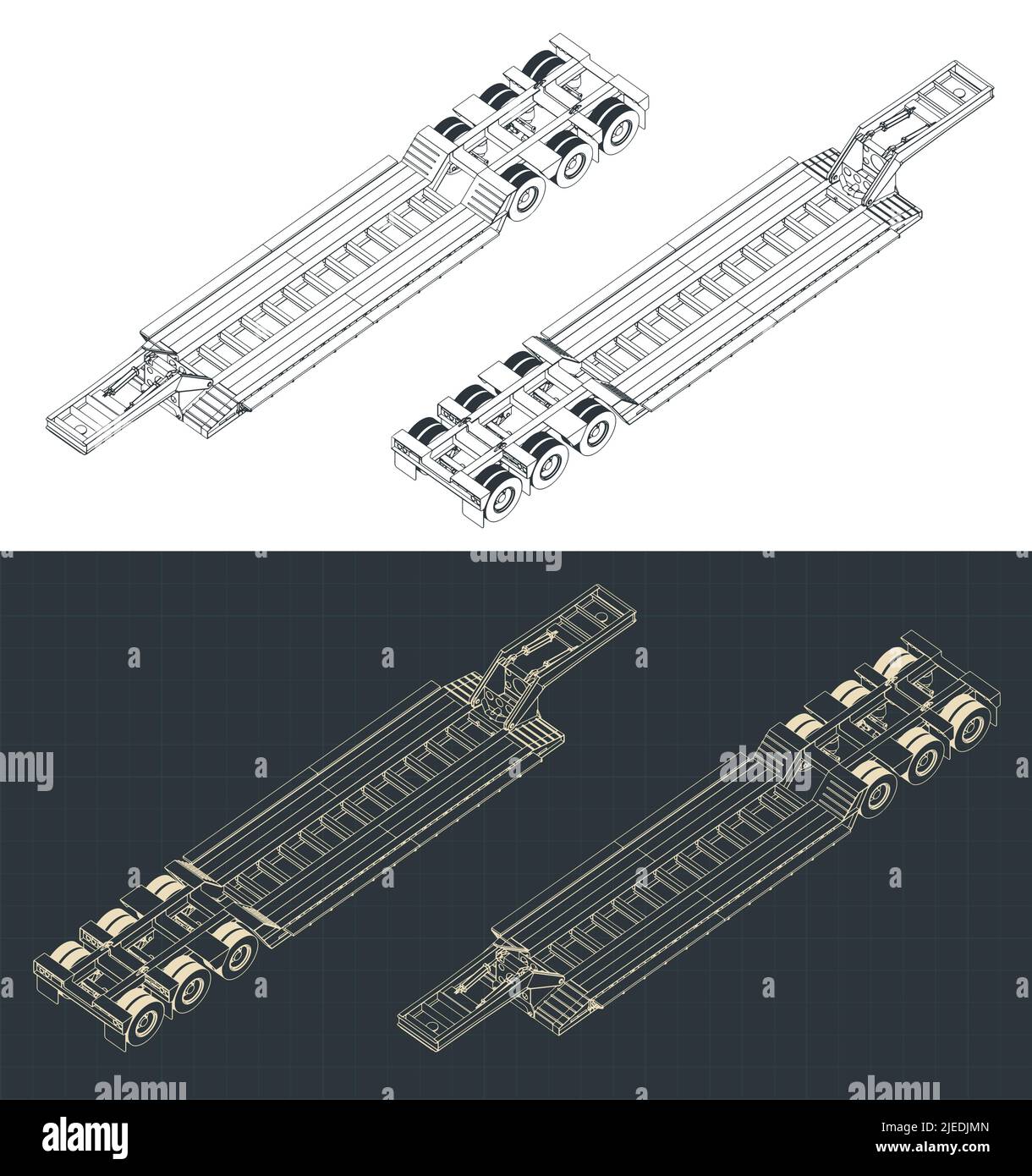Stylized vector illustrations of isometric blueprints of lowboy trailer ...