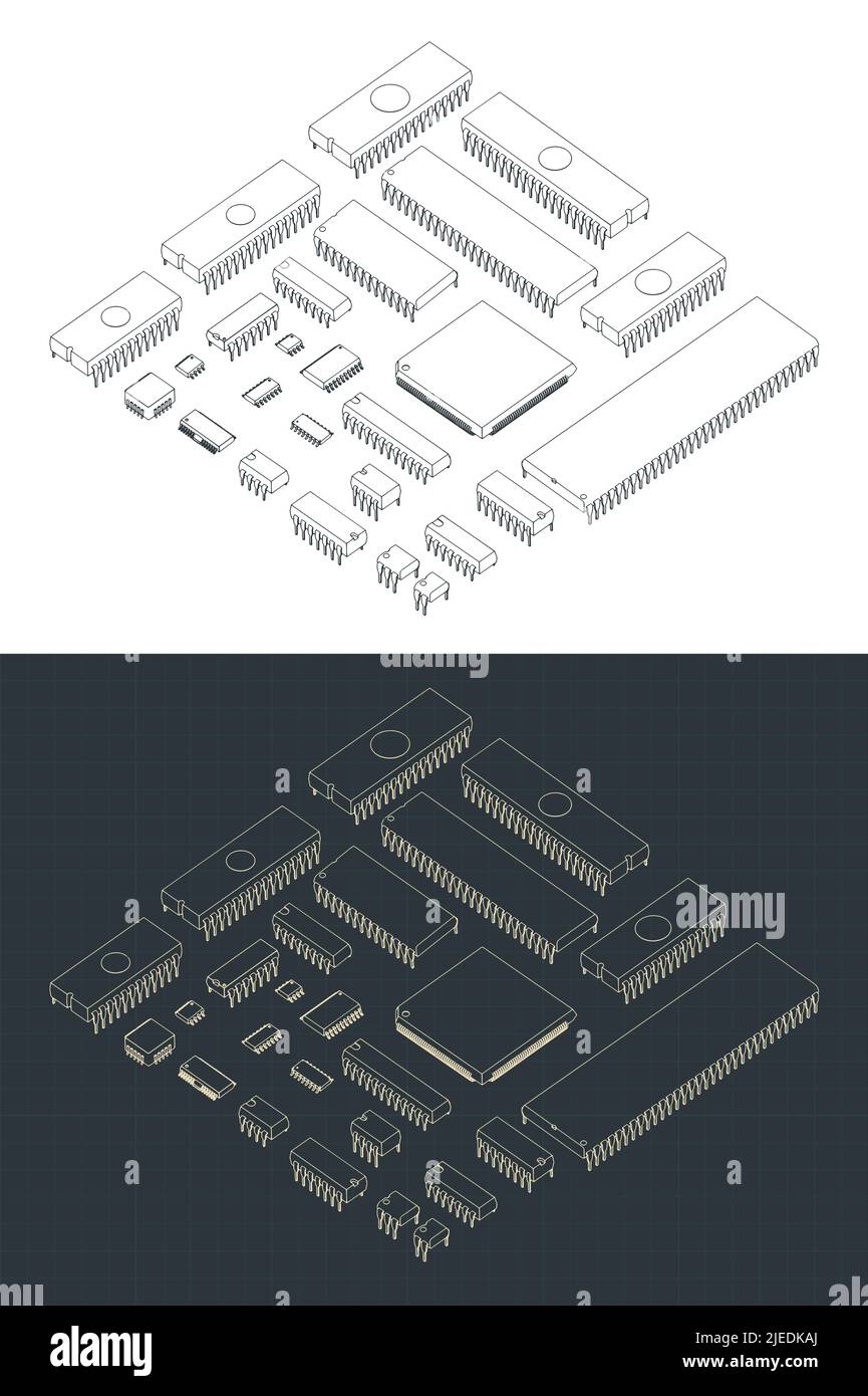 Stylized vector illustrations of isometric blueprints of various microcircuits Stock Vector ...