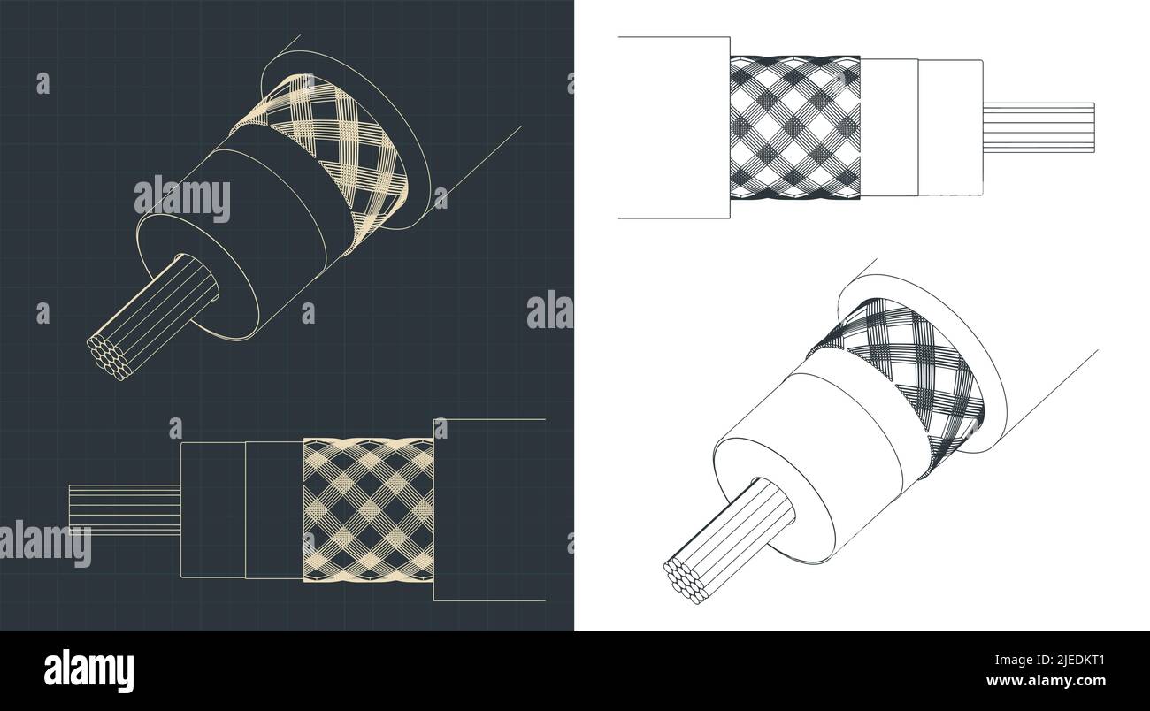 Stylized vector illustrations of isometric blueprints of antenna cable ...