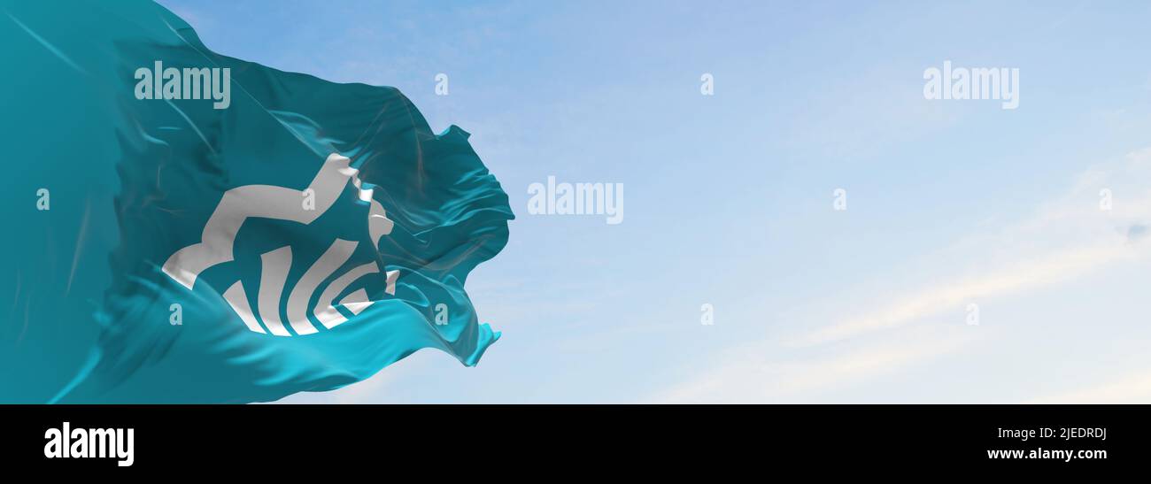 official flag of Bucheon city, South Korea at cloudy sky background on ...