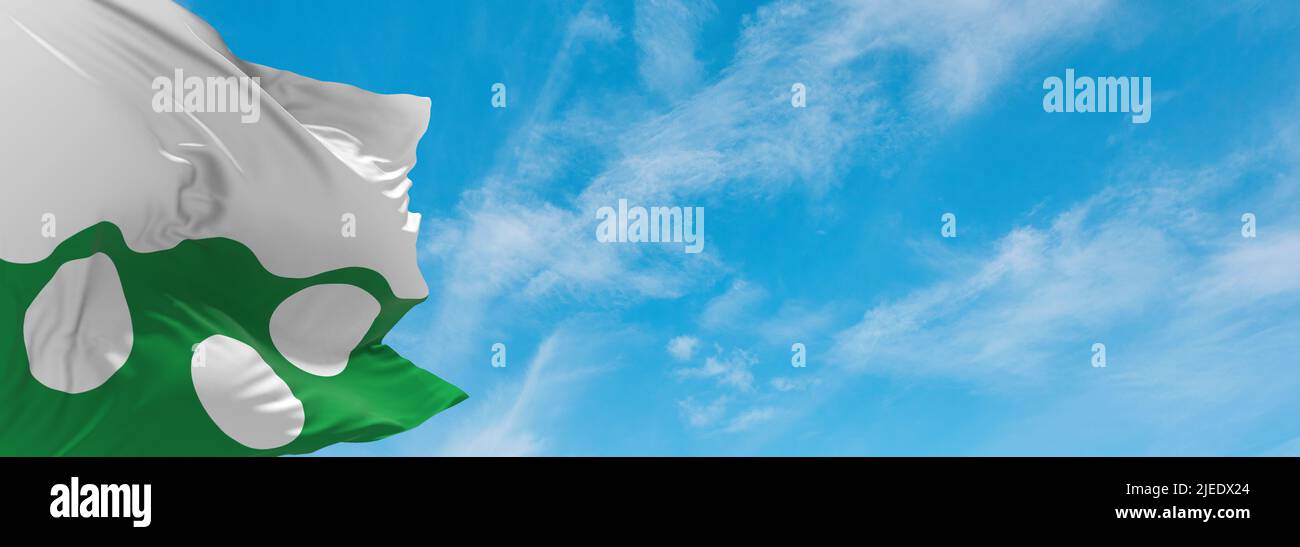 official flag of Pajala kommun , Sweden at cloudy sky background on ...