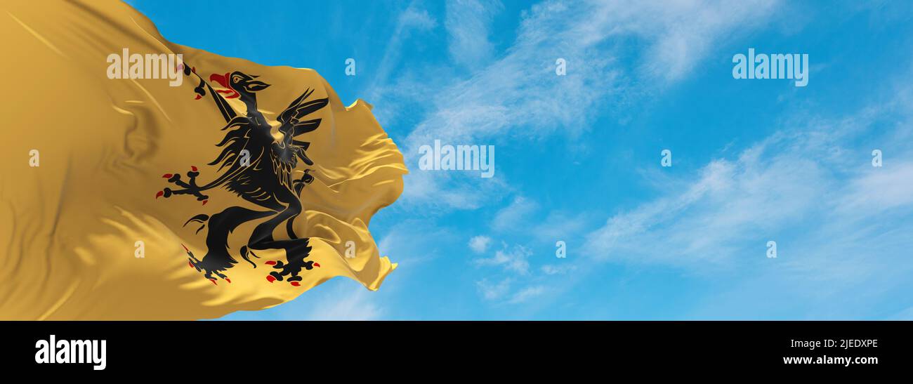 official flag of Sodermanlands , Sweden at cloudy sky background on ...