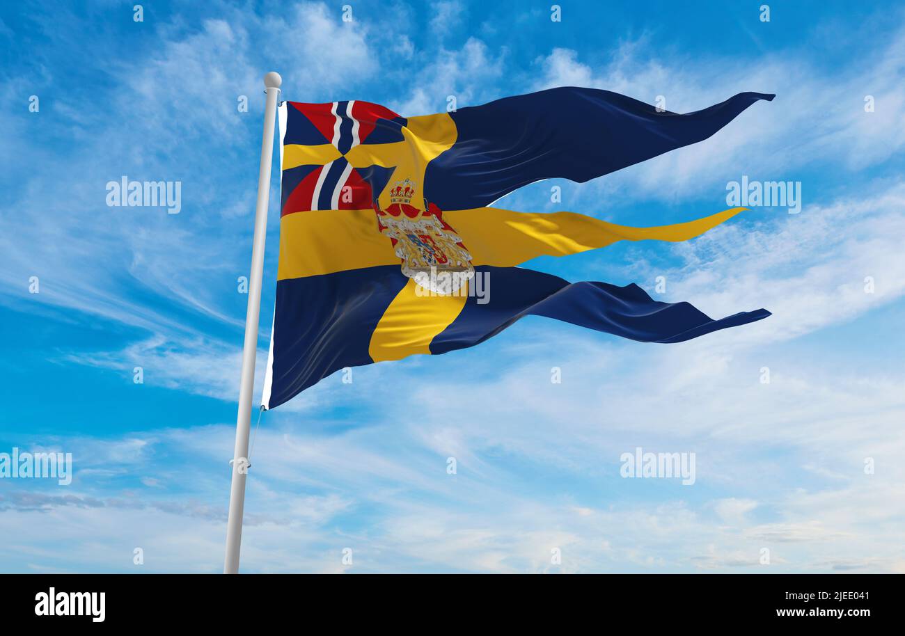 official flag of Royal Standard of Sweden 1844 1905 , Sweden at cloudy ...
