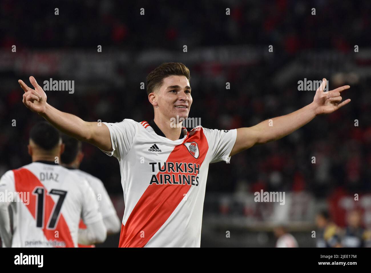 Julian Alvarez celebrates one of his six goals of River Plate during a ...