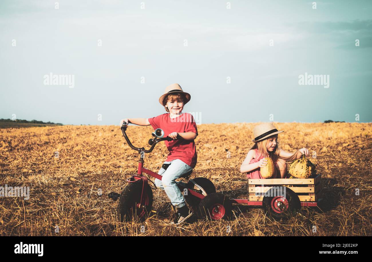 Emotional kids walks outdoors and enjoy walking. Happy children in ...