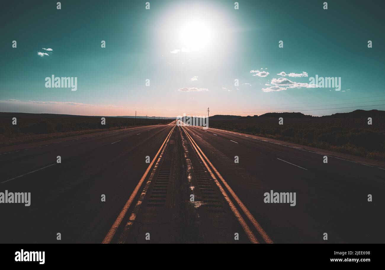 Landscape scene and sunrise above road. Panoramic picture of a scenic ...