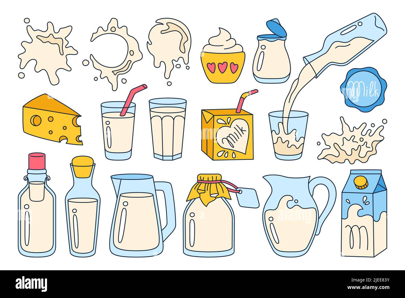 Milk food doodle cartoon set. Farm foodstuff cheese and yogurt, drink ...