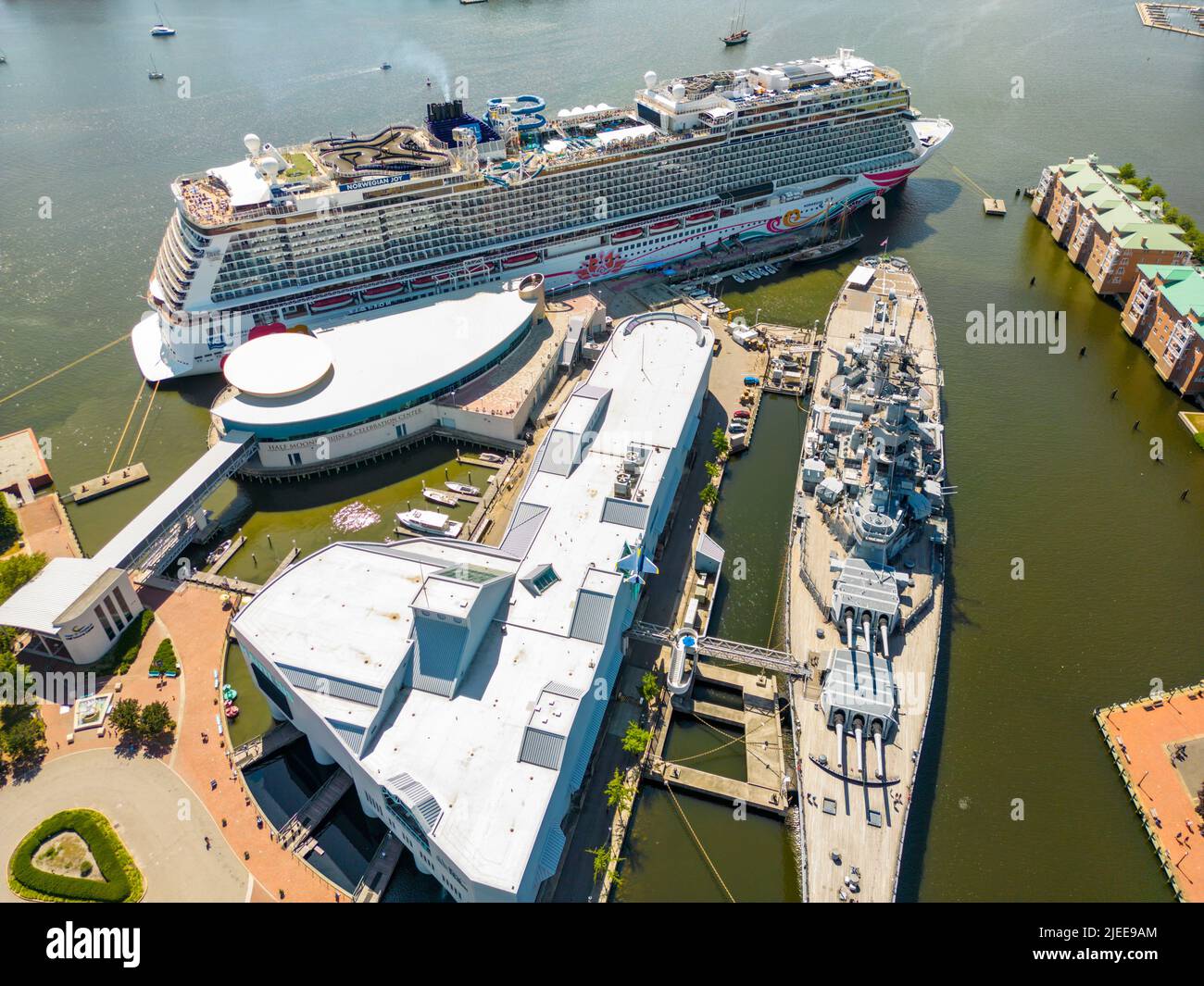 Aerial drone photo of the USS Wisconsin BB-64 Norfolk VA USA Stock ...