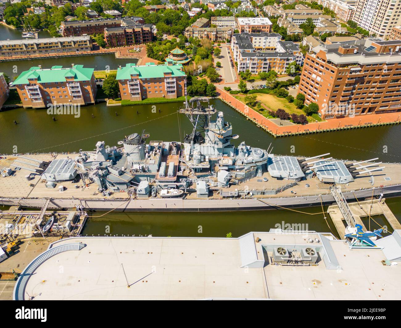 Aerial drone photo of the USS Wisconsin BB-64 Norfolk VA USA Stock ...