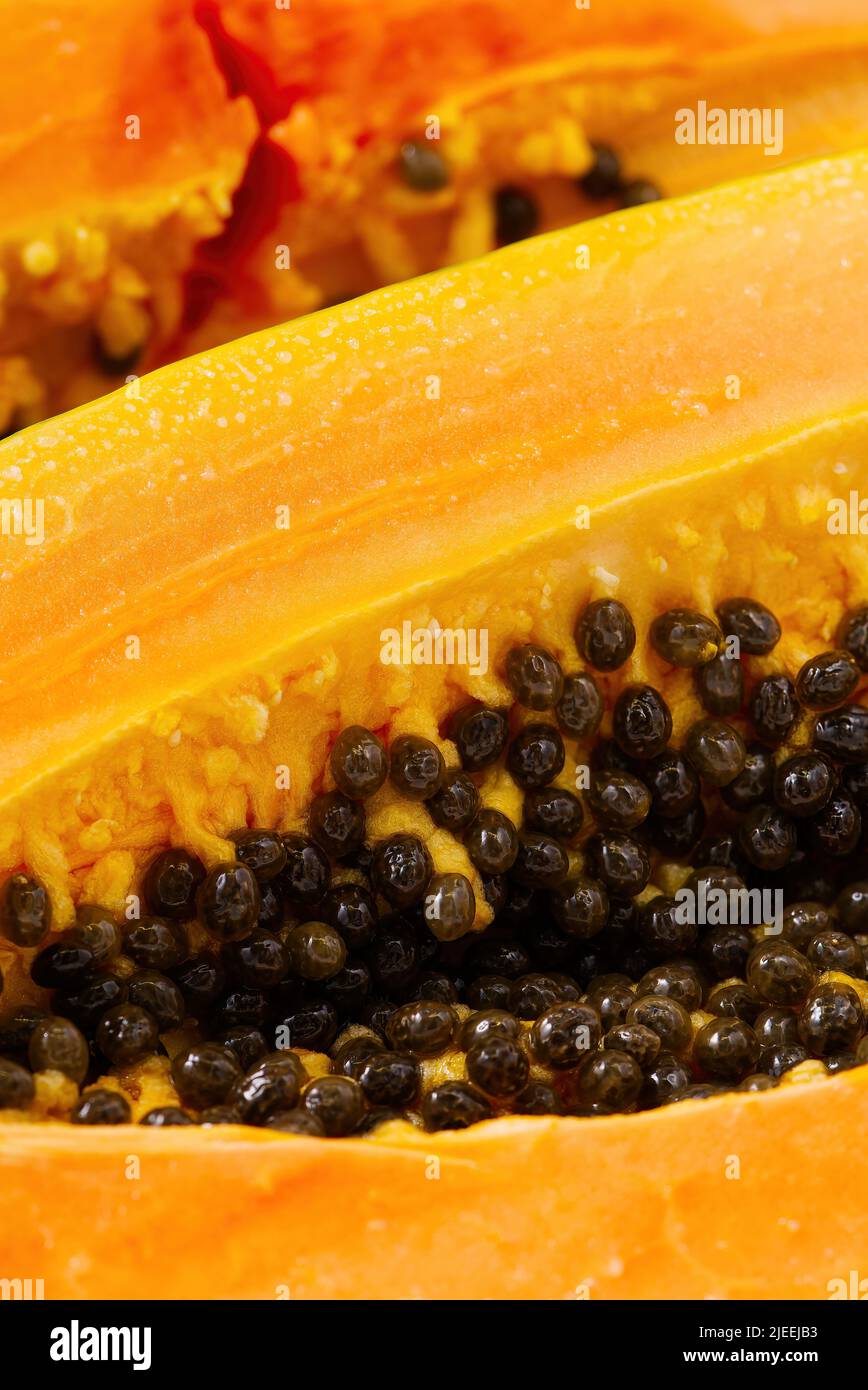 Close up of of ripe papaya. View of the Inside of a Papaya. Sweet ...