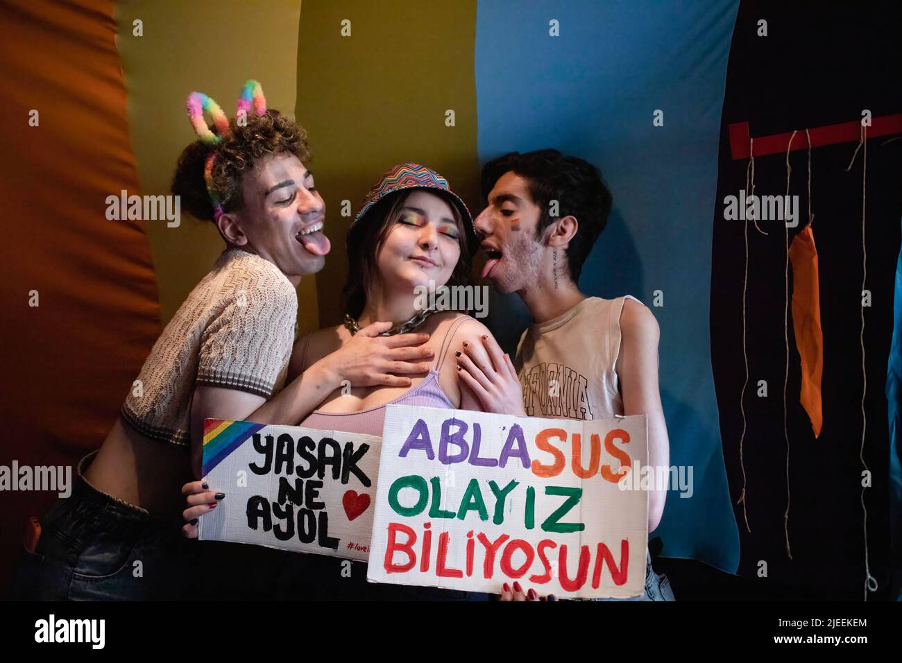 Istanbul, Turkey. 26th June, 2022. Activists with placards pose in ...