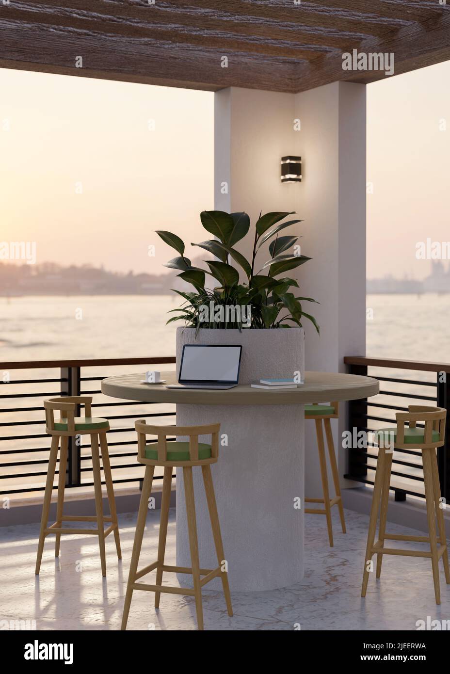 Portable laptop computer mockup on a round table, stools, and decor ...