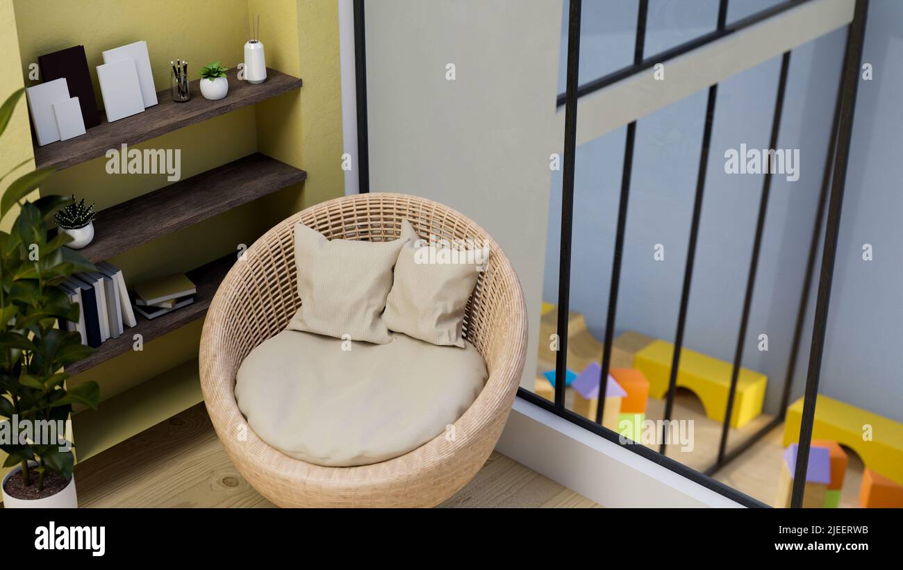 Relaxing area in living room interior design with comfortable round ...