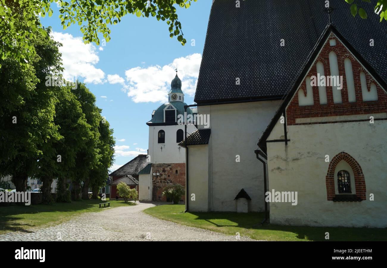 Porvoo Cathedral with bell tower, white stone walls with gothic ...