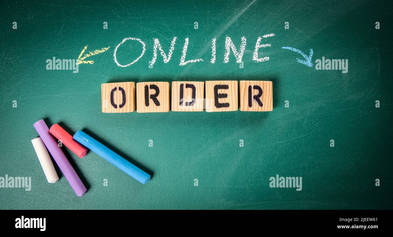 Online Order. Shopping and Delivery concept. Green chalk board ...