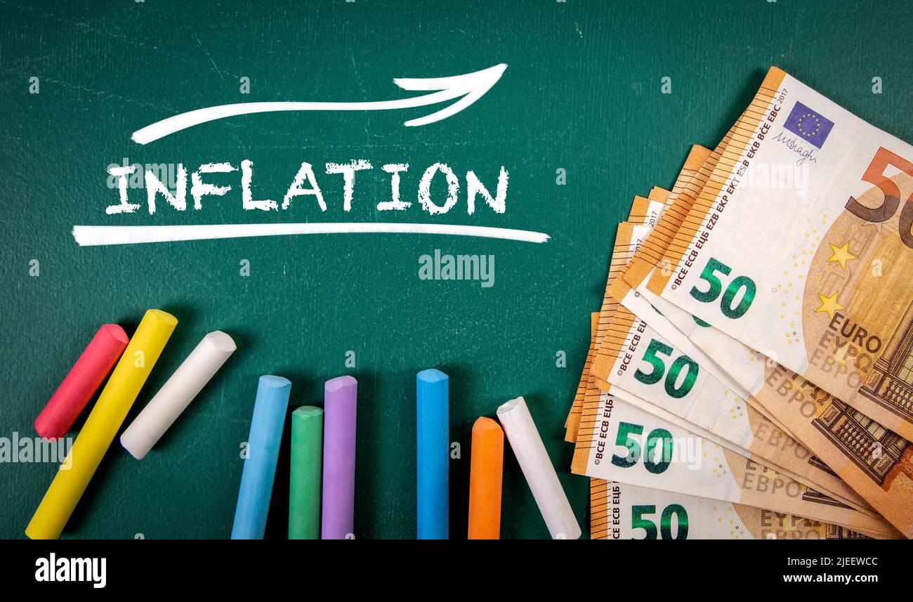 Inflation. Euro money and text on a green chalkboard Stock Photo - Alamy