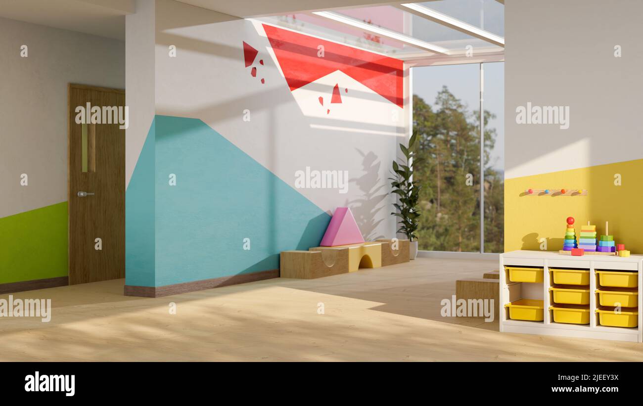 Comfortable kids playroom or kindergarten nursery interior design with ...