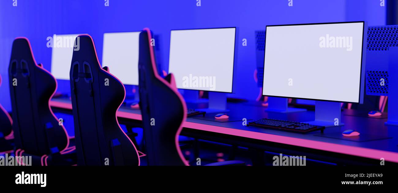 Modern internet cafe interior design with modern blank computer monitor ... Modern internet cafe interior design with modern blank computer monitor ...